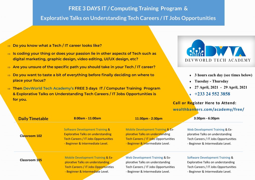FREE 3 DAYS IT / Computing Training Program & Explorative Talks on Understanding Tech Careers ...